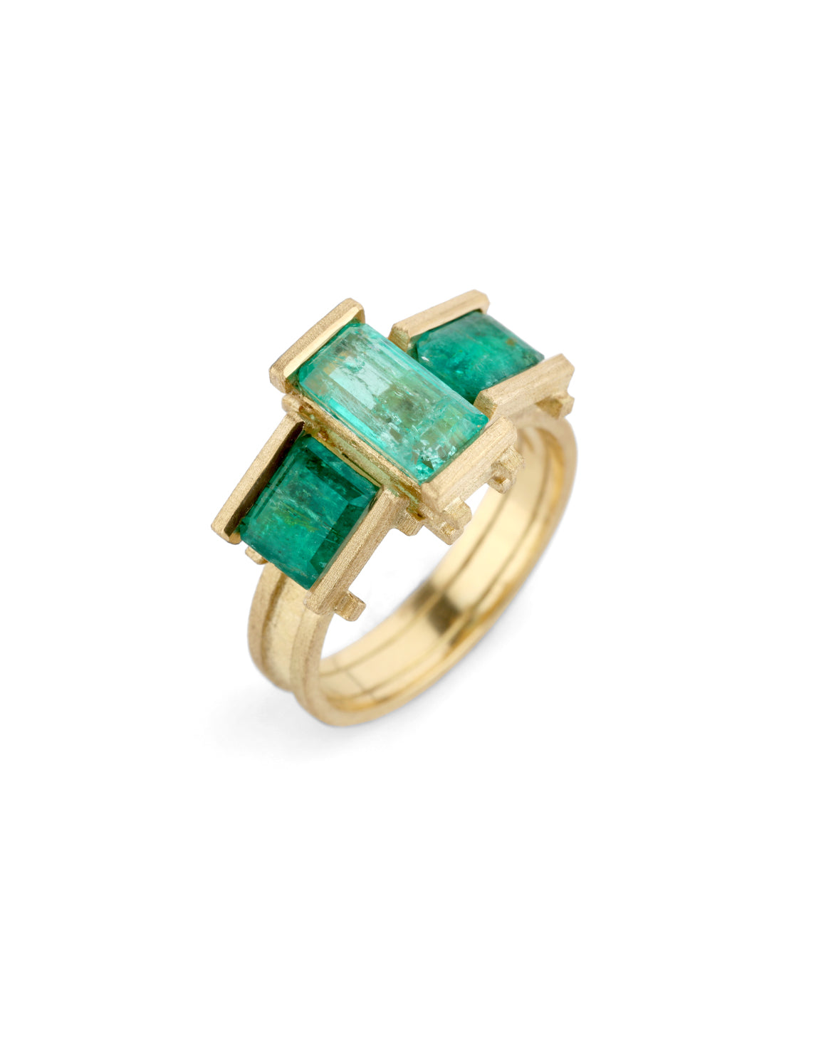 Emerald Three Stone Parallel Ring – Shimell and Madden